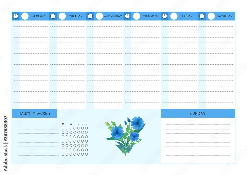 Week timetable and habit tracker blue wild flowers flat vector template ...