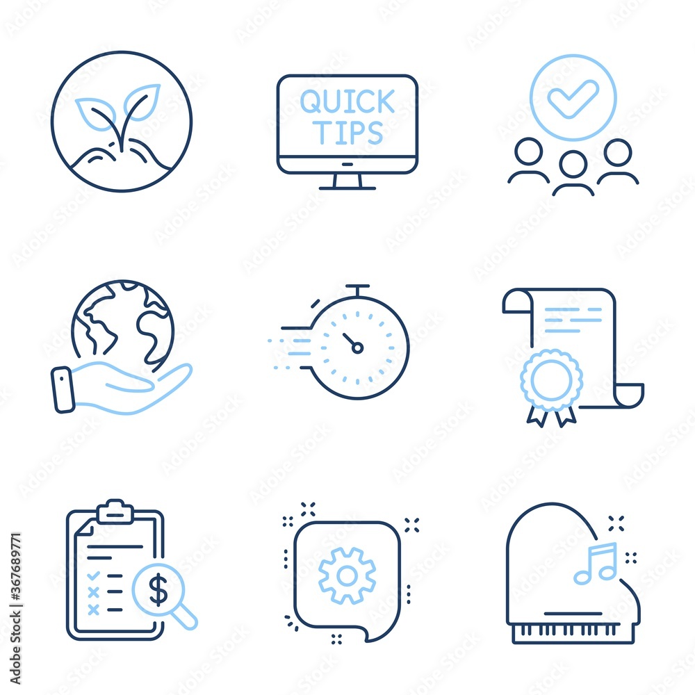 Startup, Web tutorials and Timer line icons set. Diploma certificate, save planet, group of ...