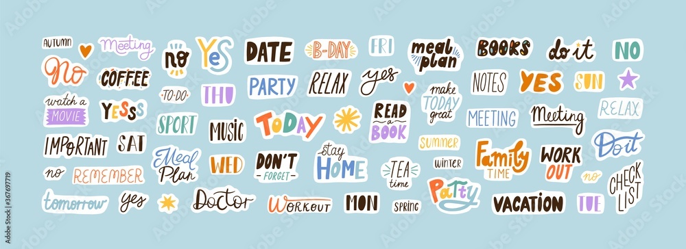Collection of sticker words template vector flat illustration. Bundle ...