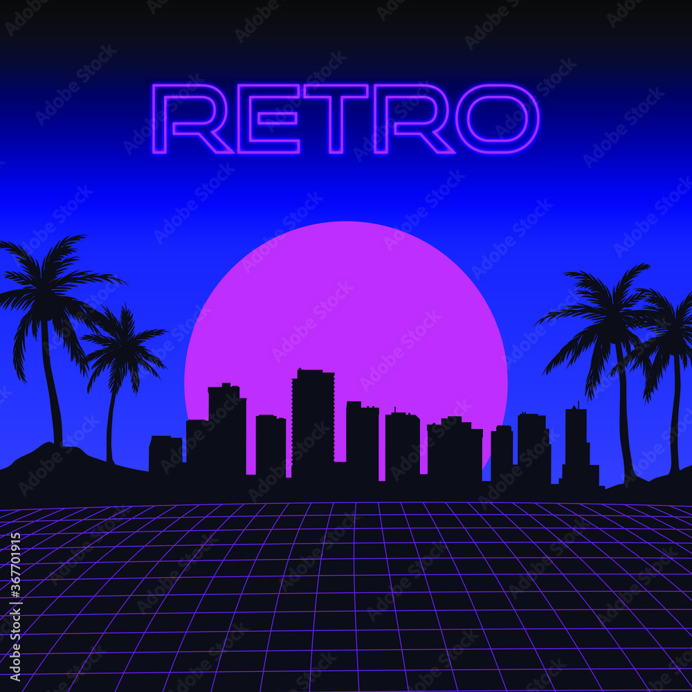 Retro Skyline Landscape with 3D Grid | Synthwave Design Stock Vector ...