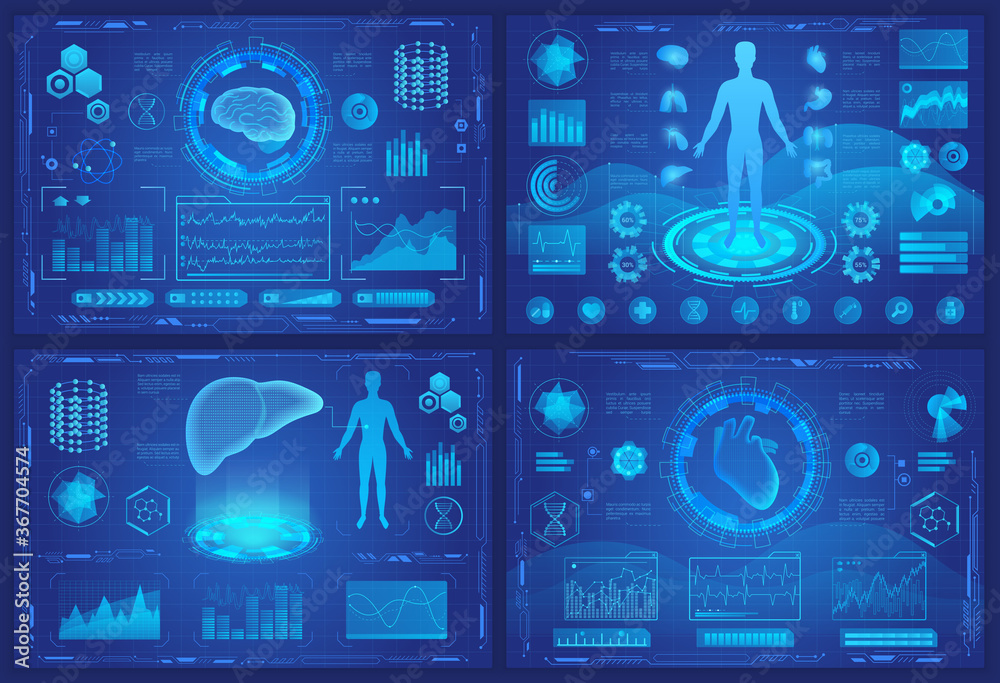 Medical futuristic vr hologram vector illustrations. Cartoon flat blue ...