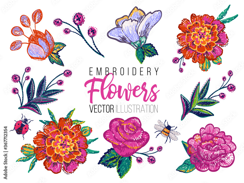 Set of flowers embroidery patches elements, marigold rose. Fashion ...