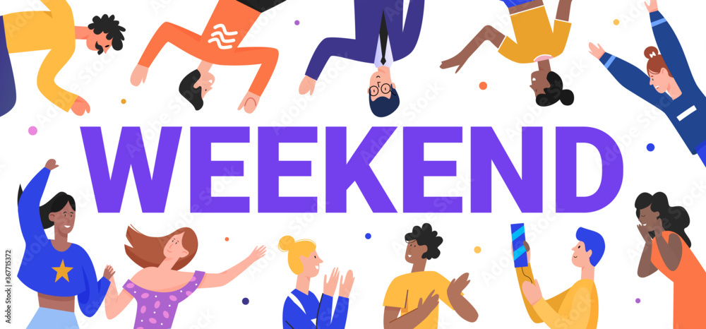 Weekend word concept vector illustration. Cartoon flat happy man woman ...