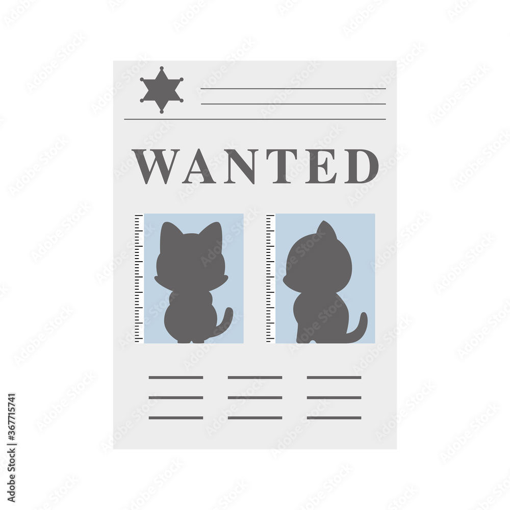 Cartoon icon of the wanted poster with cat suspect, vector illustration ...