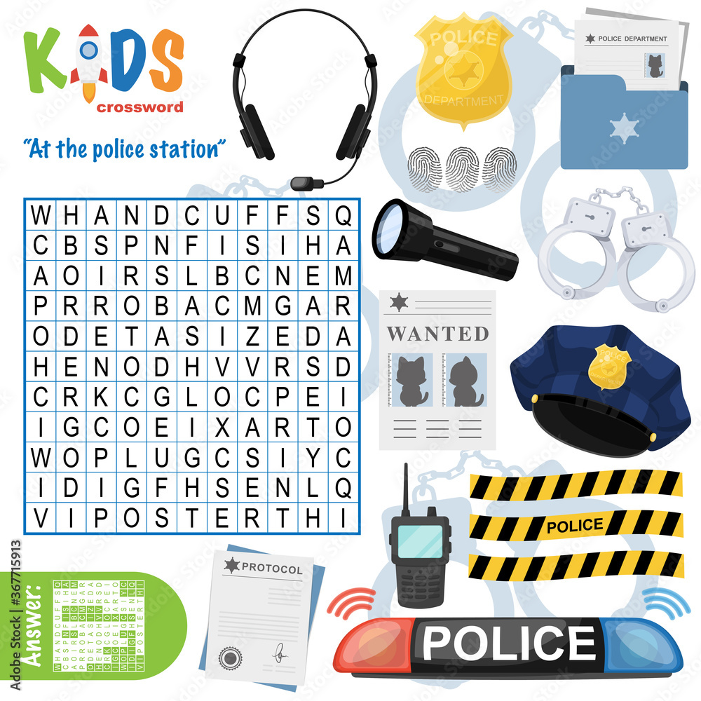 Easy word search crossword puzzle "At the police station", for children ...