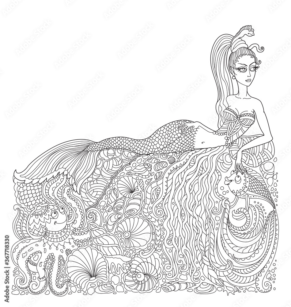 Vector nautical contour thin line illustration. Mermaid, sea island ...