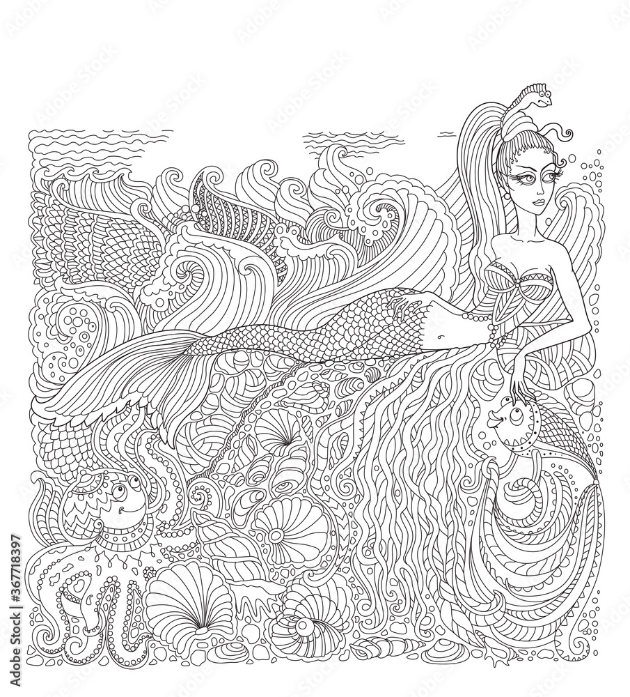 Vector nautical contour thin line illustration. Mermaid, sea island ...