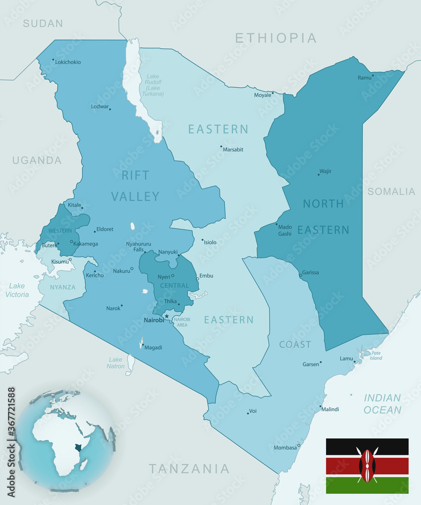 Blue-green detailed map of Kenya administrative divisions with country ...