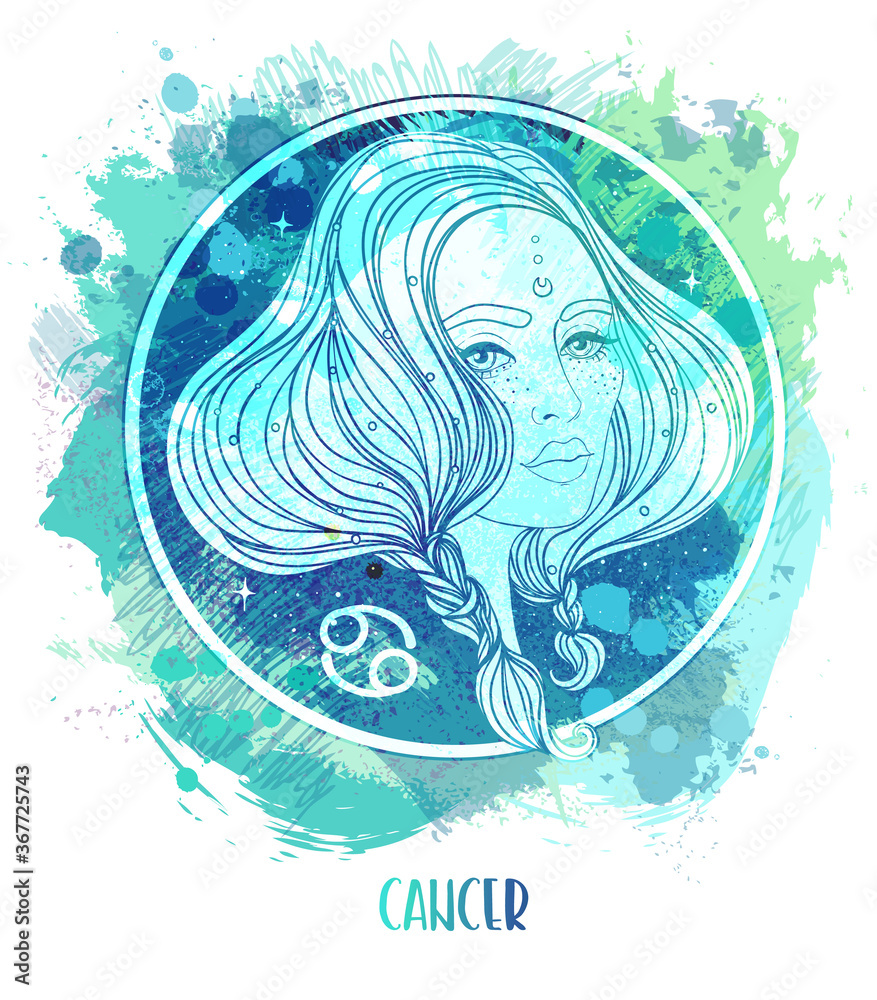 Watercolor drawing of Cancer astrological sign as a beautiful girl over ...