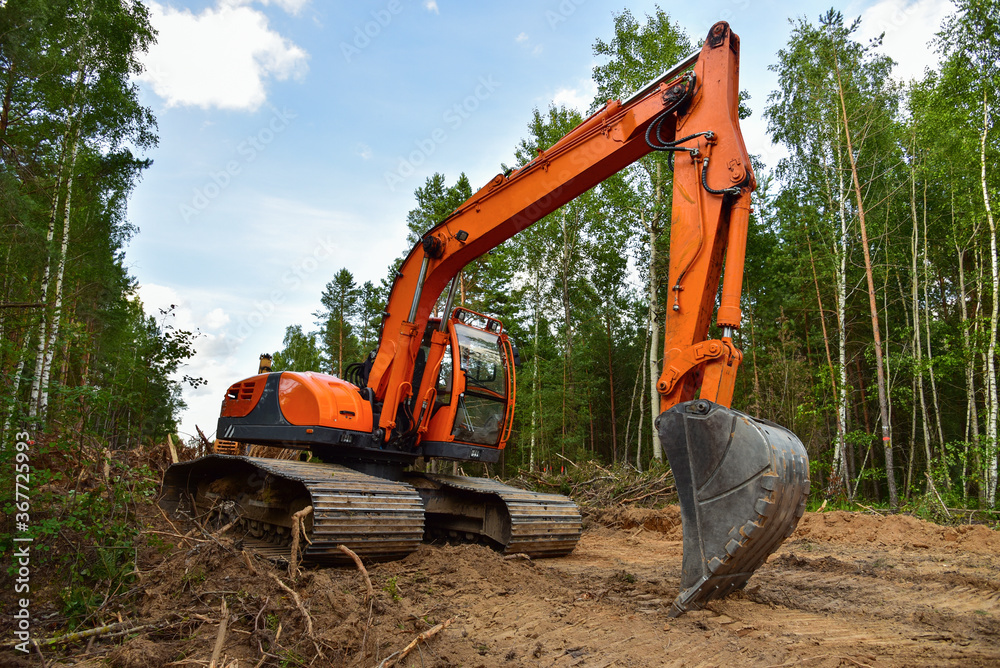 Excavator clearing forest for new development. Orange Backhoe modified ...