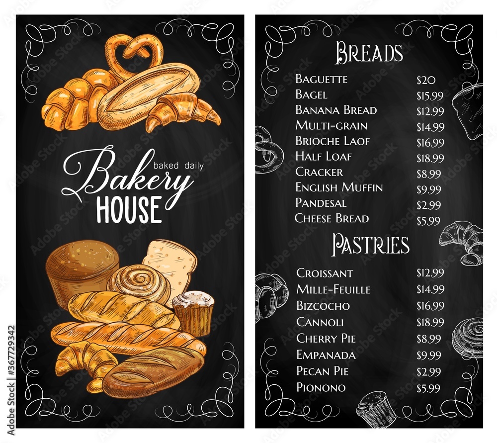 Vetor do Stock: Baker shop menu chalkboard, bread and pastry, bakery ...