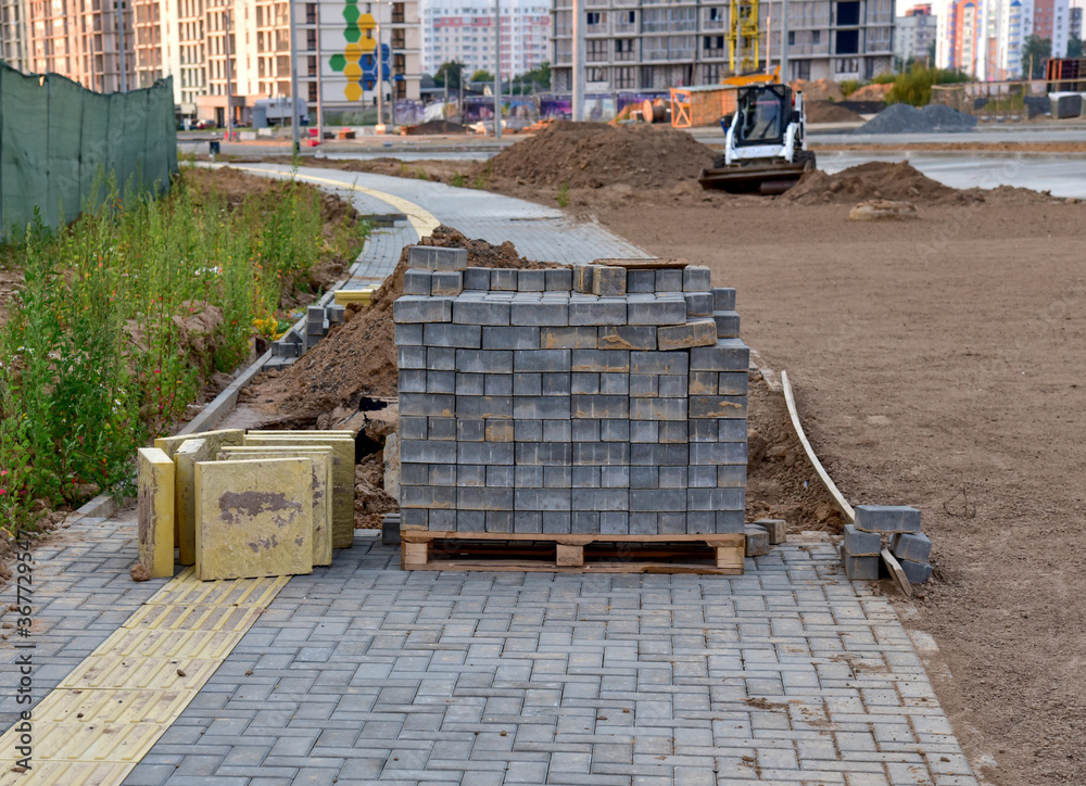 Process of installing paving bricks in the town pedestrian zone. Laying ...