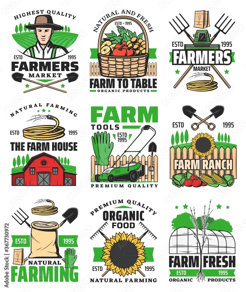 Farming agriculture icons, farm field and farmer harvest tractor ...