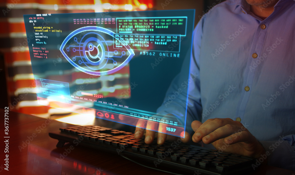 Cyber spying hacking and supervise eye symbol on screen illustration ...