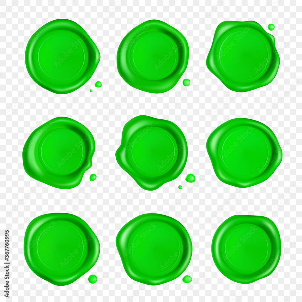 Green wax seal set. Wax seal stamp set with drops isolated on ...