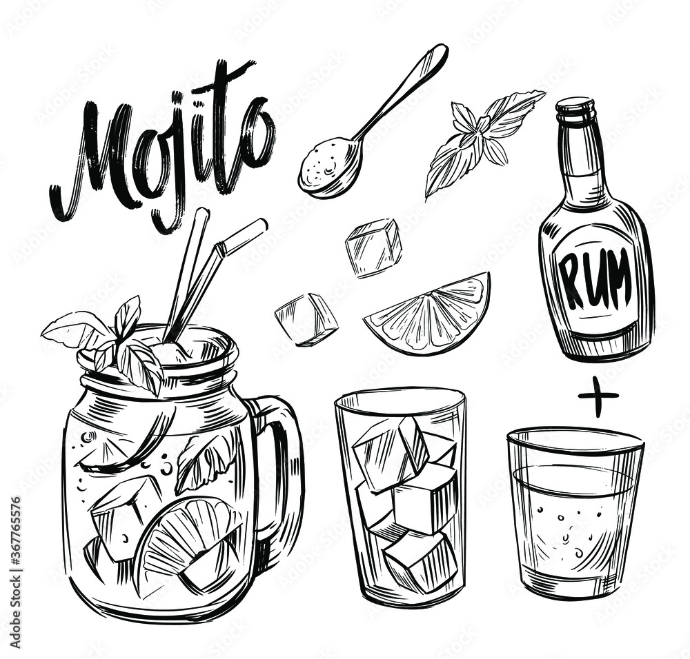 Mojito cocktail. Black outline on transparent background Stock Vector ...