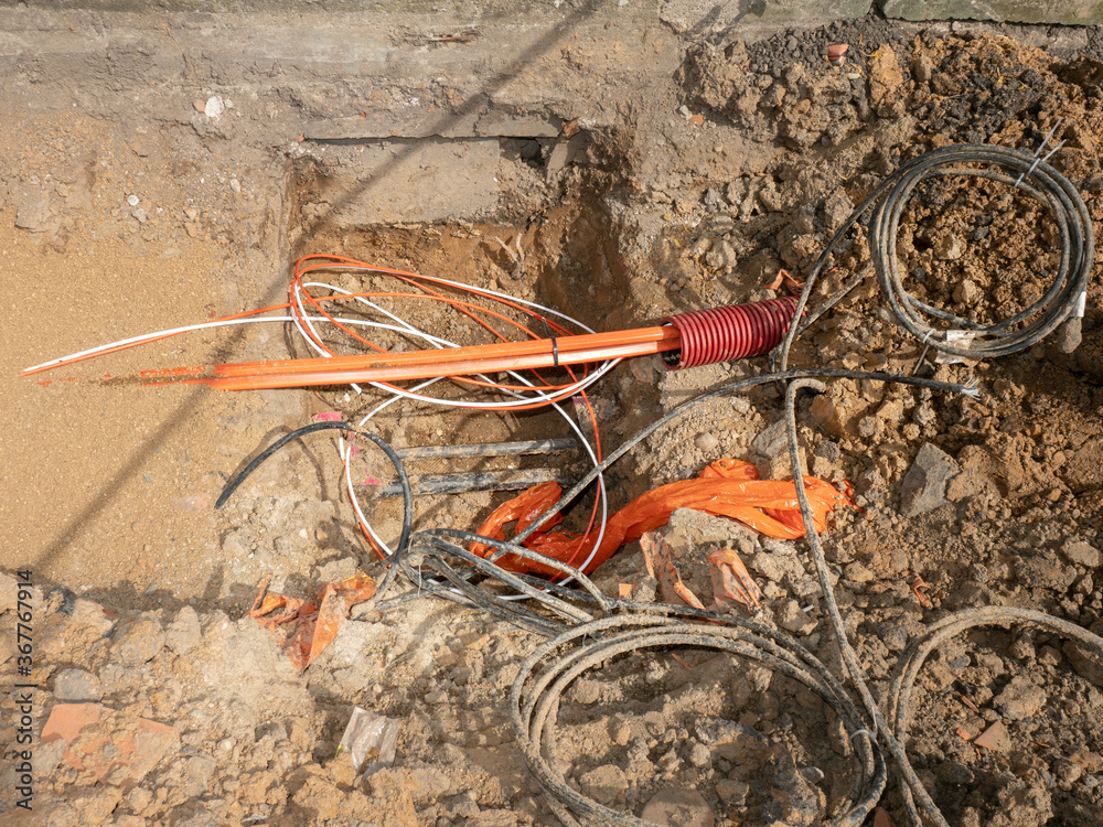 Building of lines fiber optic cables construction Stock Photo | Adobe Stock