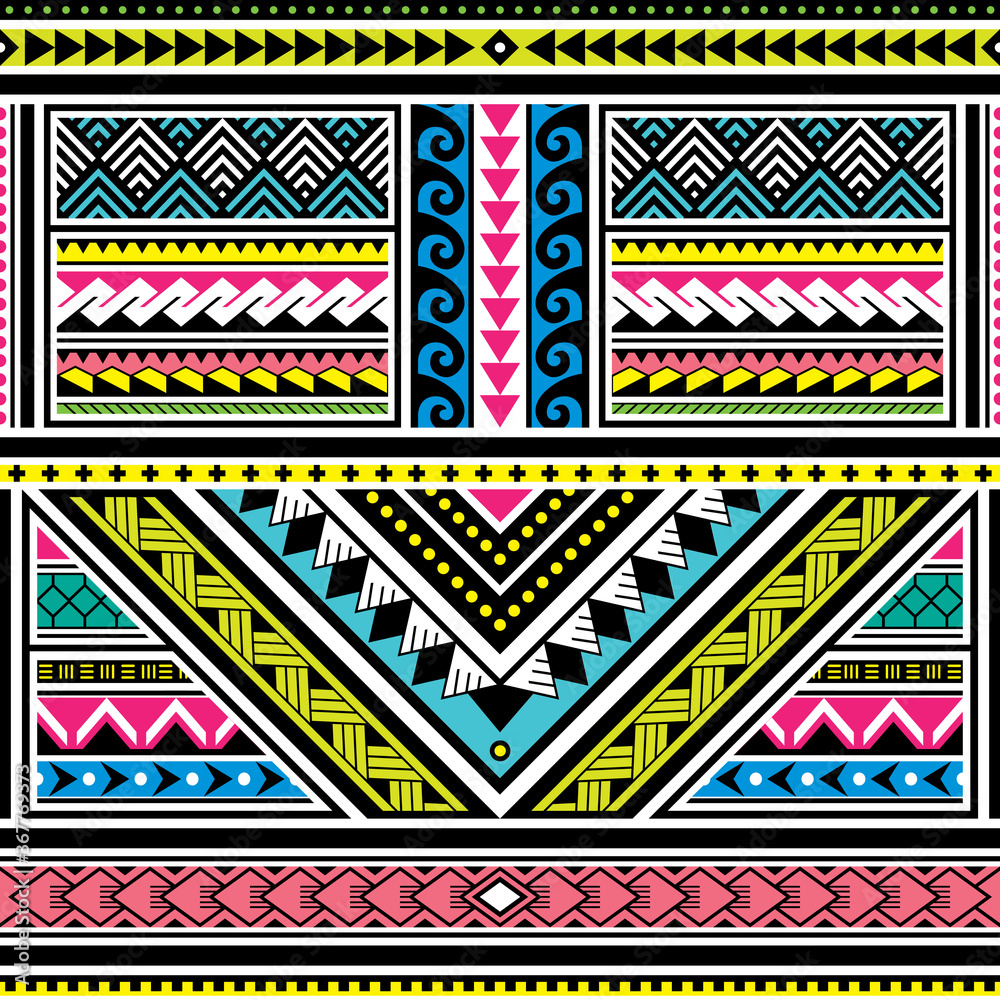 Polynesian tattoo seamless vector colorful pattern, Hawaiian tribal ...