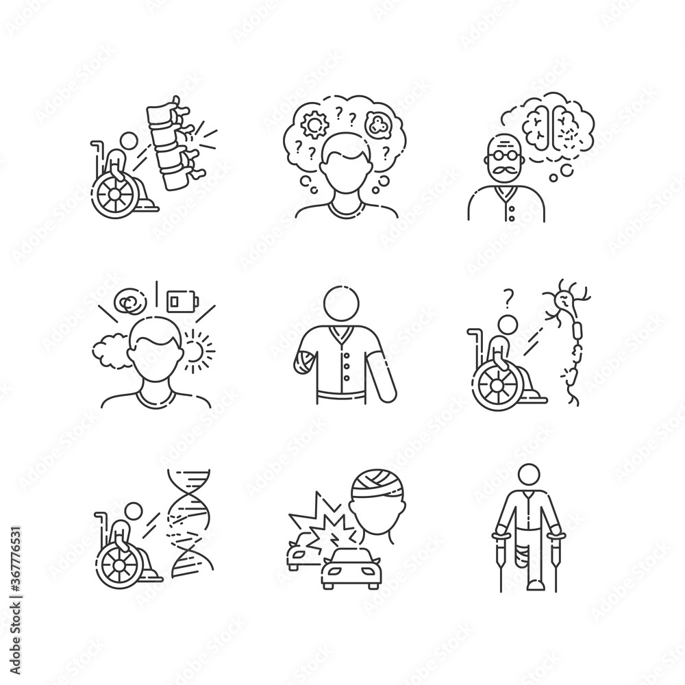 Patient with disability linear icons set. Handicapped man. Paralyzed ...