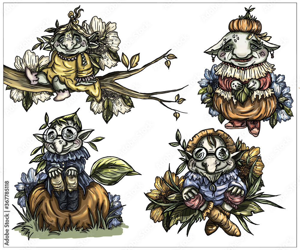 Fairytale cartoon characters, four small, magic gnome with big heads ...