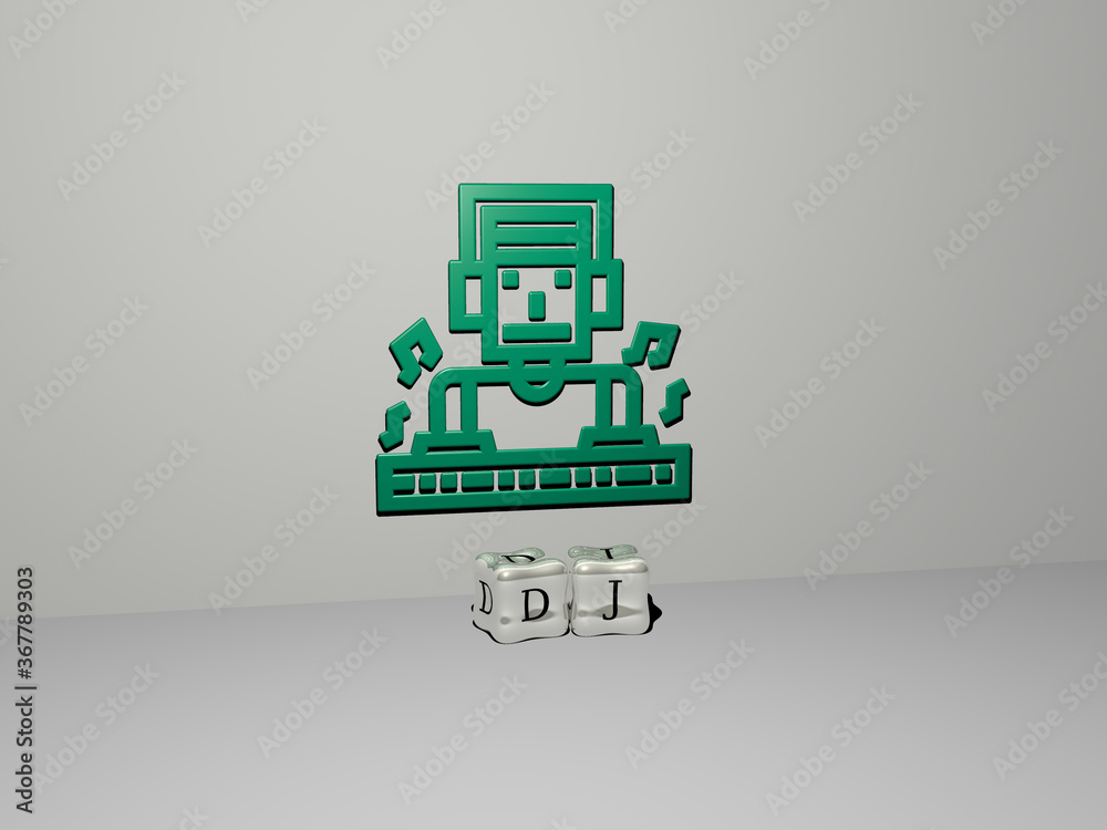 3D graphical image of DJ vertically along with text built by metallic ...