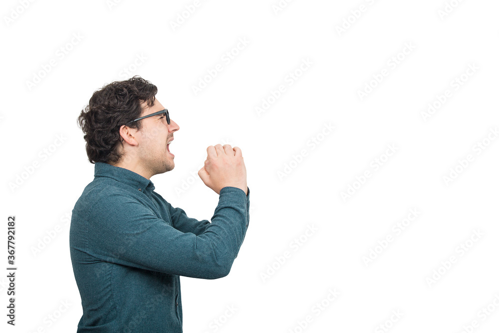 Foto Stock Depressed man keeps palms folded together as begging for ...