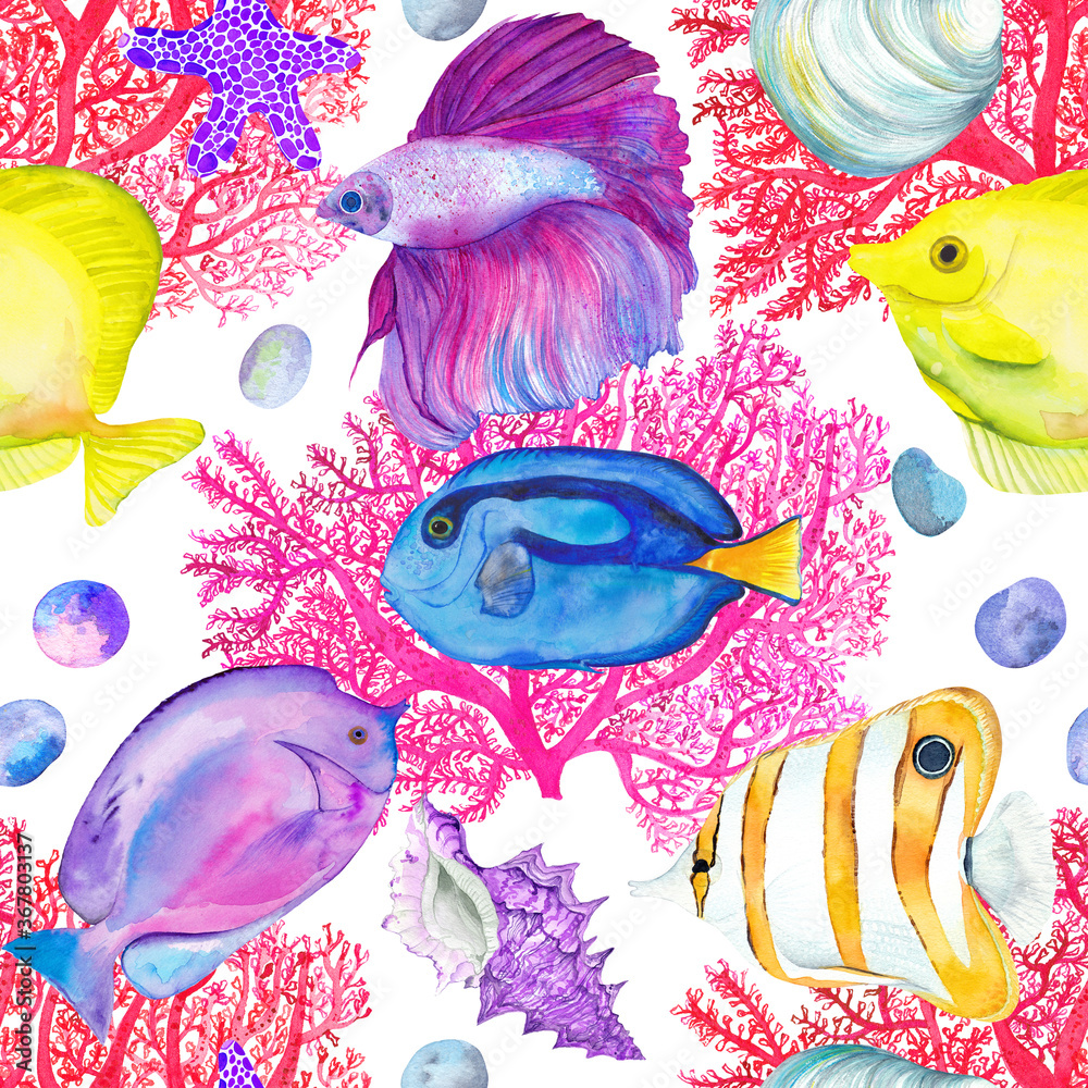 Seamless watercolor fish pattern. Endless texture. Hand draw. Betta ...