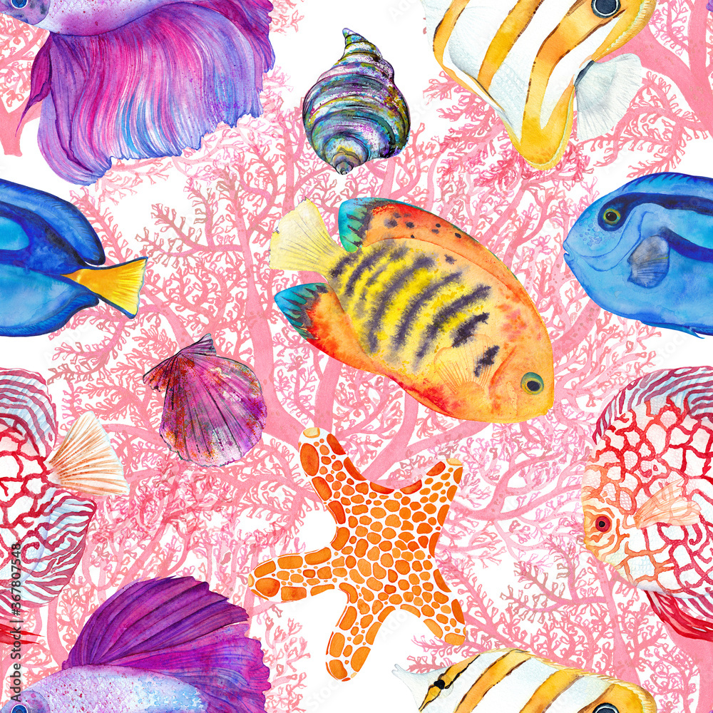 Seamless watercolor fish pattern. Endless texture. Hand draw. Betta ...