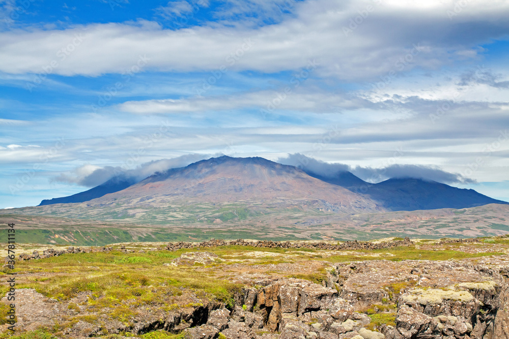Skjaldbreidur, a shield volcano, seen from Geysir, Iceland. Stock Photo ...