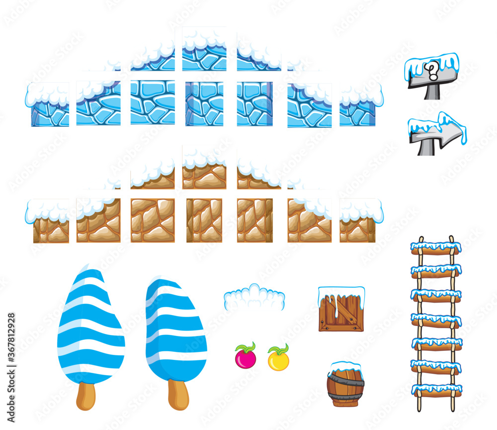 set of game assets, icon, element, tileable seamless tileset, Useful ...