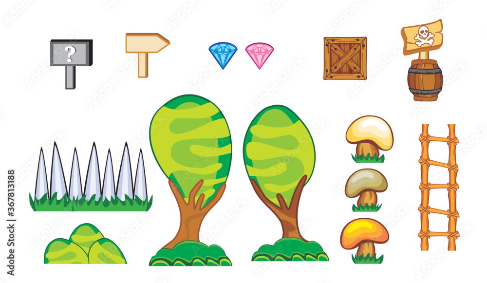 set of game assets, icon, element, tileable seamless tileset, Useful ...