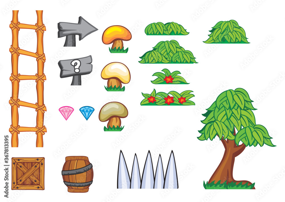 set of game assets, icon, element, tileable seamless tileset, Useful ...
