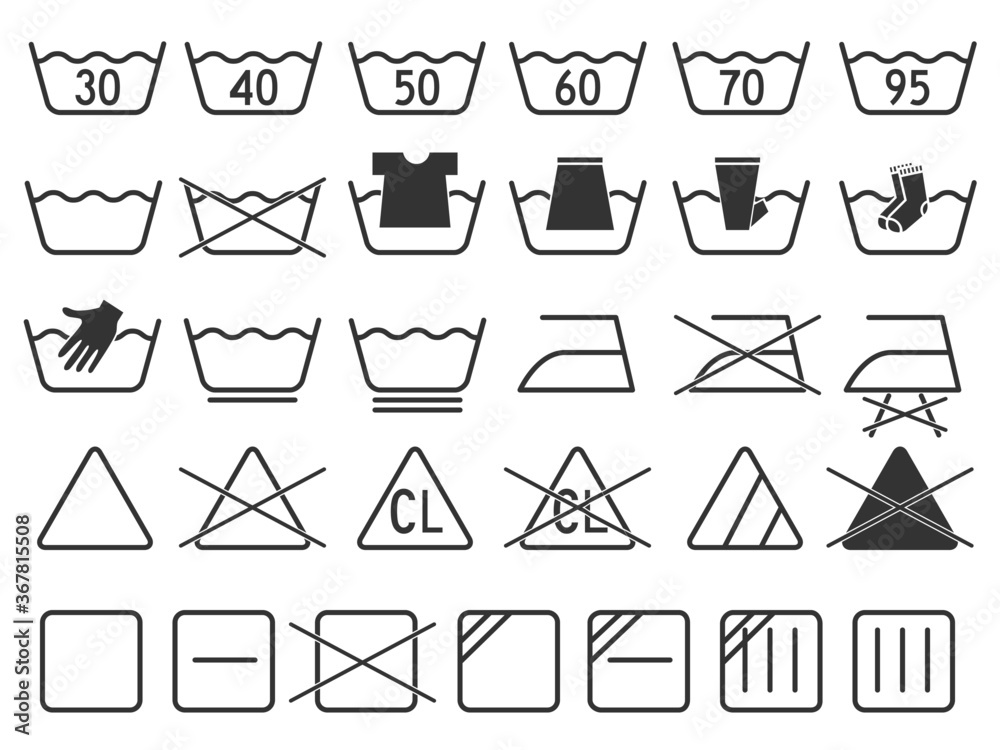 grey monochrome simple laundry symbols round or curved style icons set ...