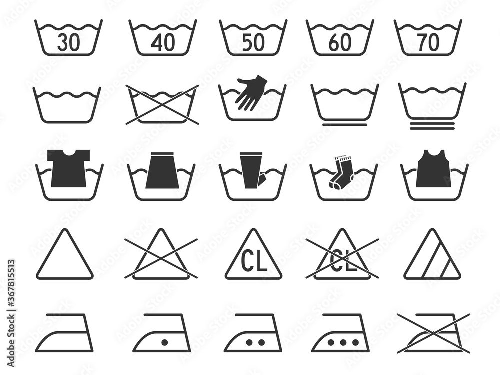 dark grey monochrome simple laundry symbols round or curved icons set ...