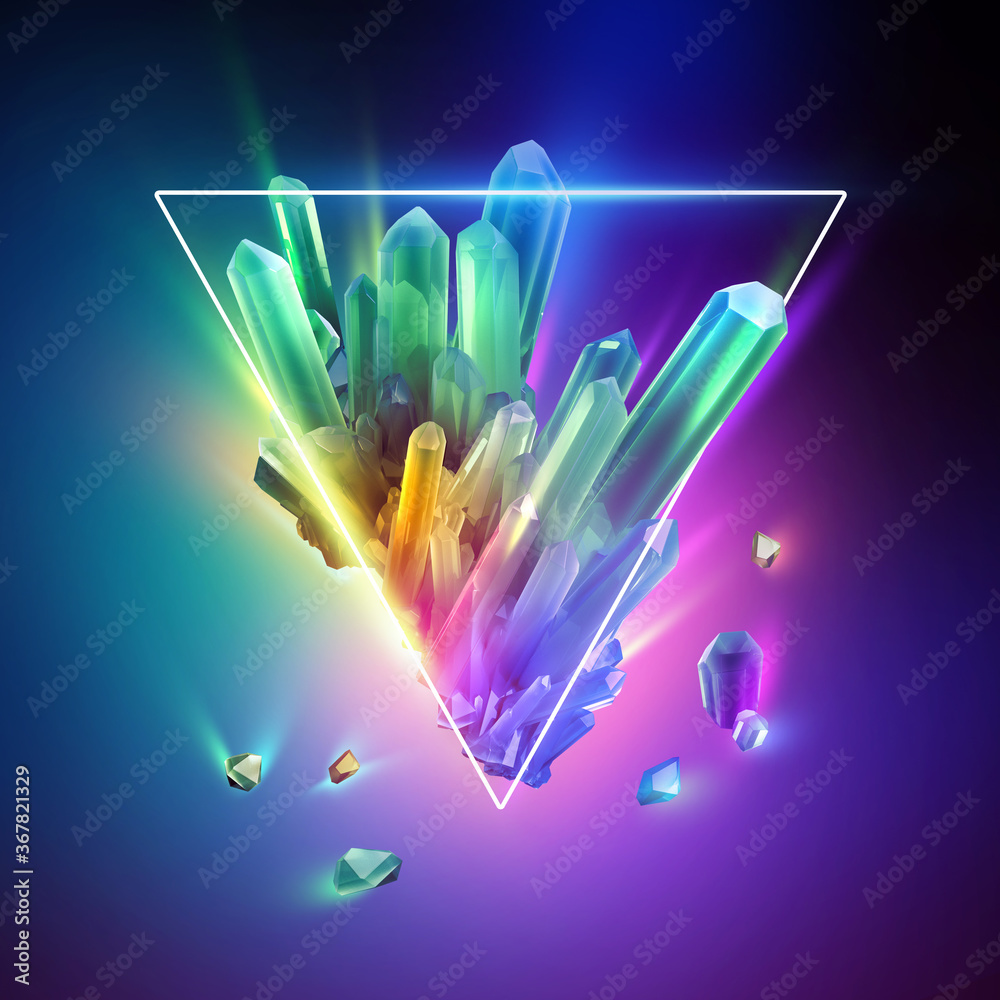 3d render, abstract neon background with crystals and triangular frame ...