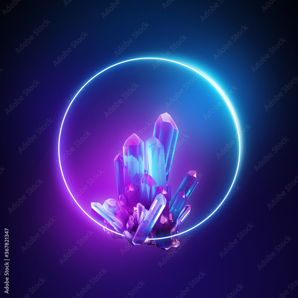 3d render, abstract neon background with crystals and round frame ...