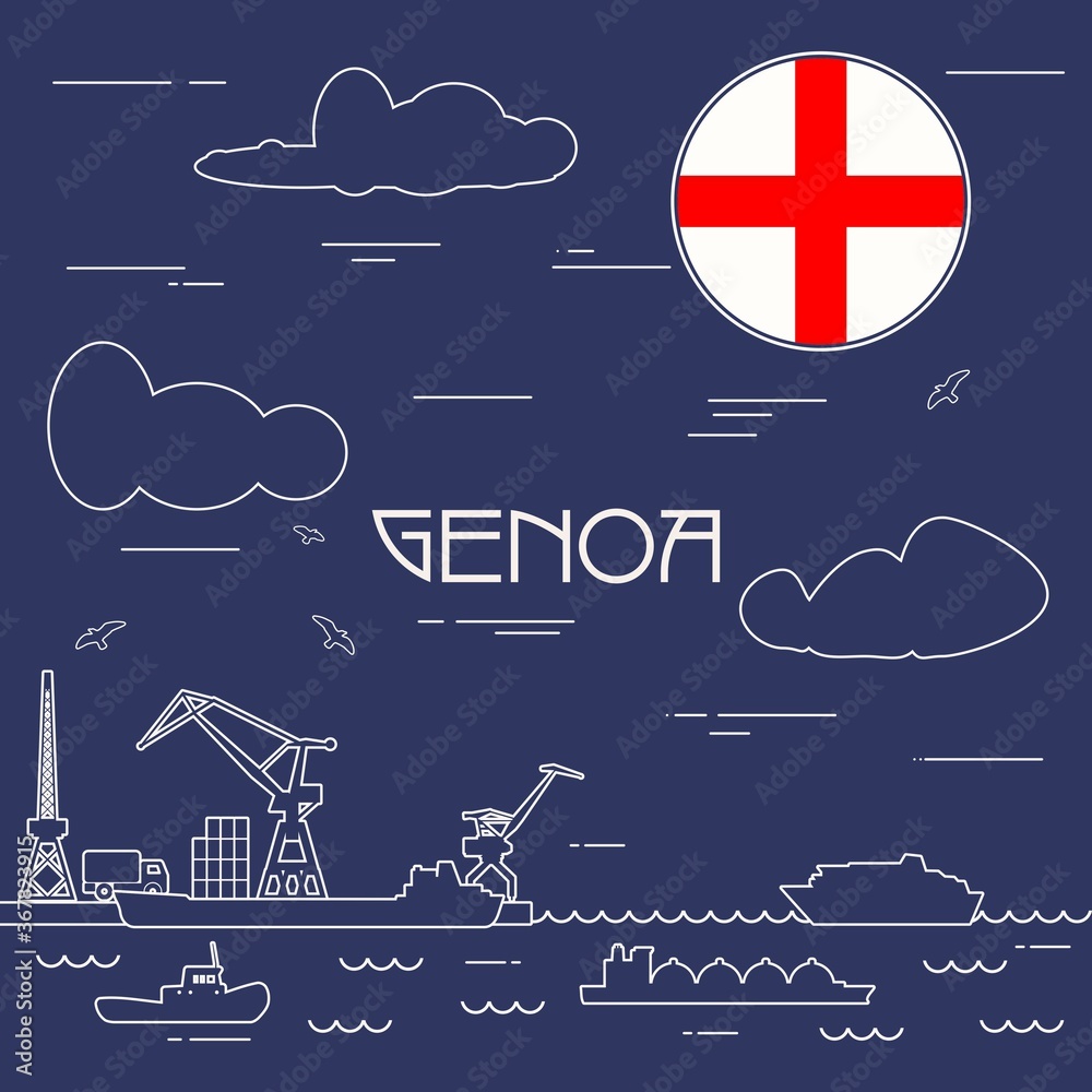 Genoa sea port, marine cargo terminal, freight vessels or ships ...