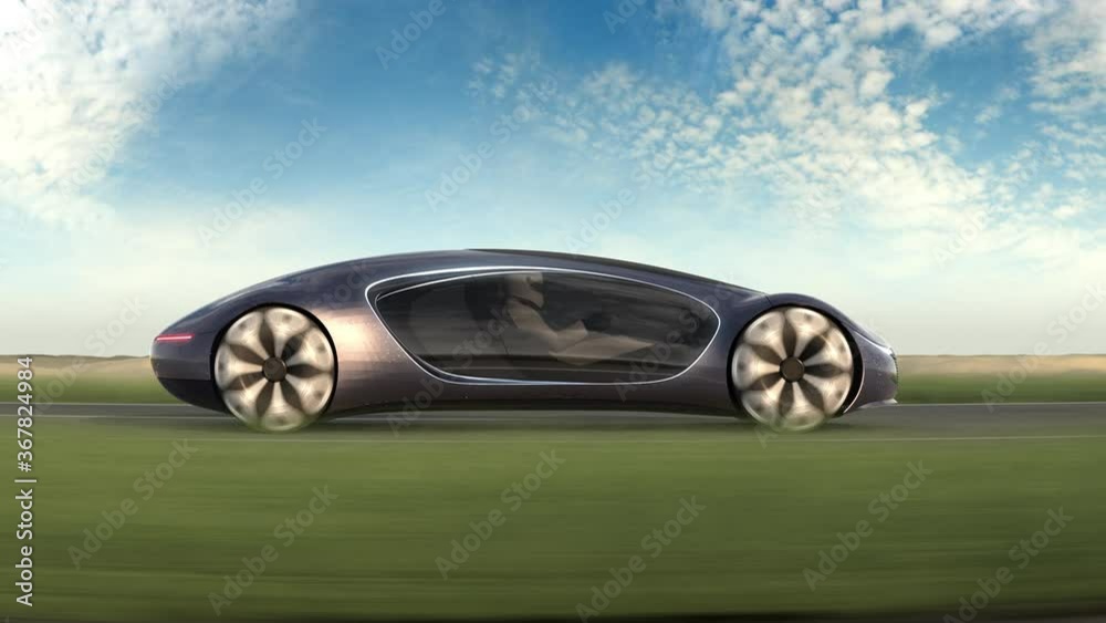 Electric car on road. Side view. Сoncept car of the future. 4k ...