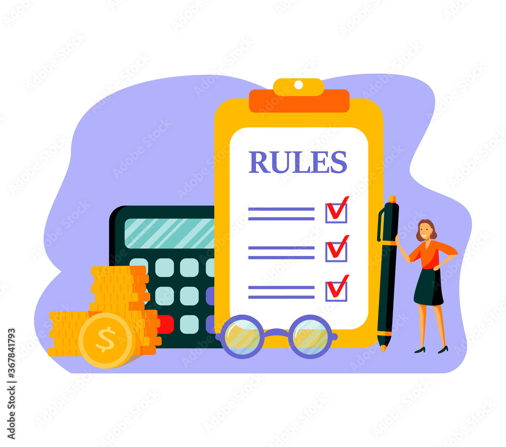 Rules vector illustration. Flat tiny regulations checklist persons ...