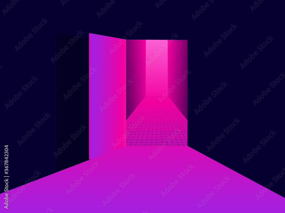 Entering virtual reality. Light from an open door, pink purple gradient ...
