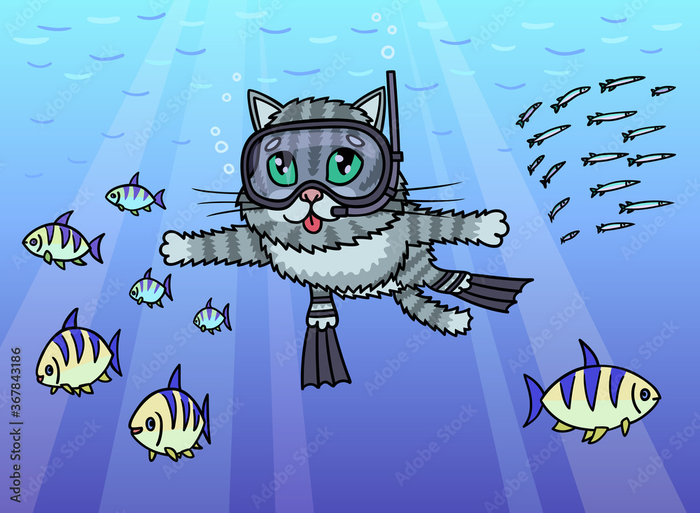 Cat diver swims under water. He observes the life of fish. Stock Vector ...