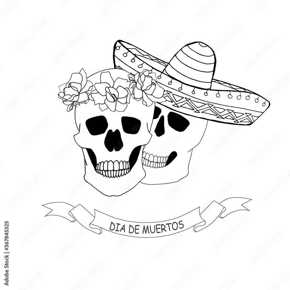 Dia de muertos banner. Pair skull in sombrero skull in rose wreath hand ...
