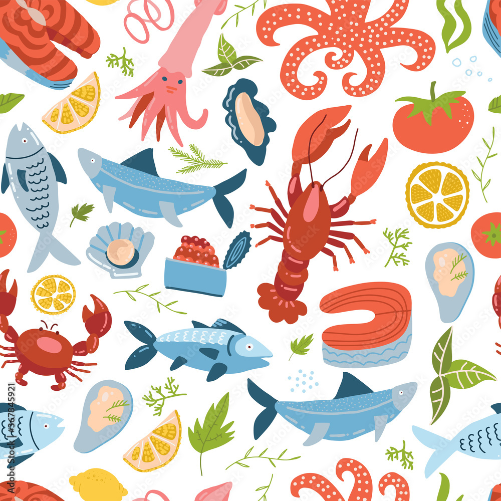 Sea animal set seamless pattern with , king crab, crawfish and fish ...