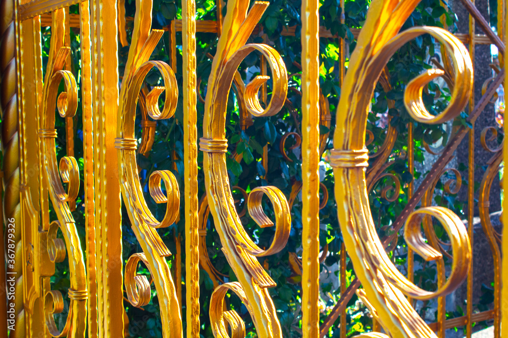 Steel fence of residential house modern style. Art forging, a fragment ...