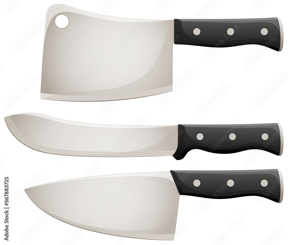 Vector illustration of three culinary knives: a meat cleaver, a butcher ...