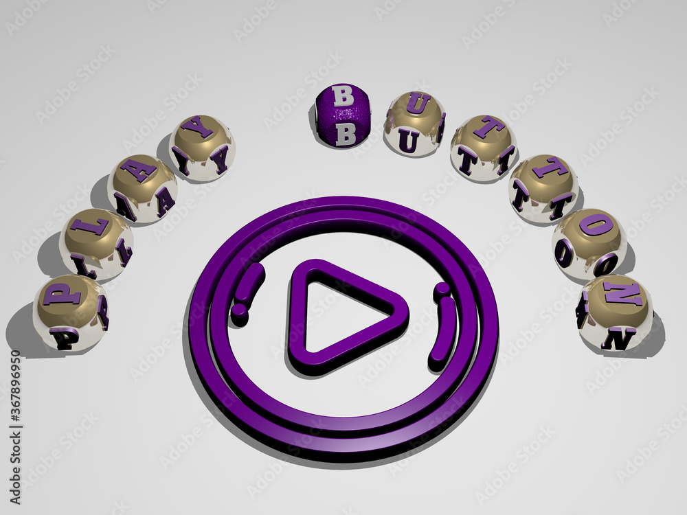 3D representation of play button with icon on the wall and text ...