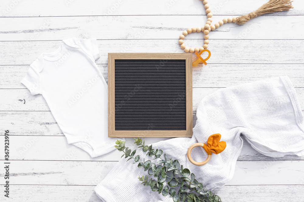 Blank Pregnancy Announcement Mockup Flat Lay With Blank Baby Vest 