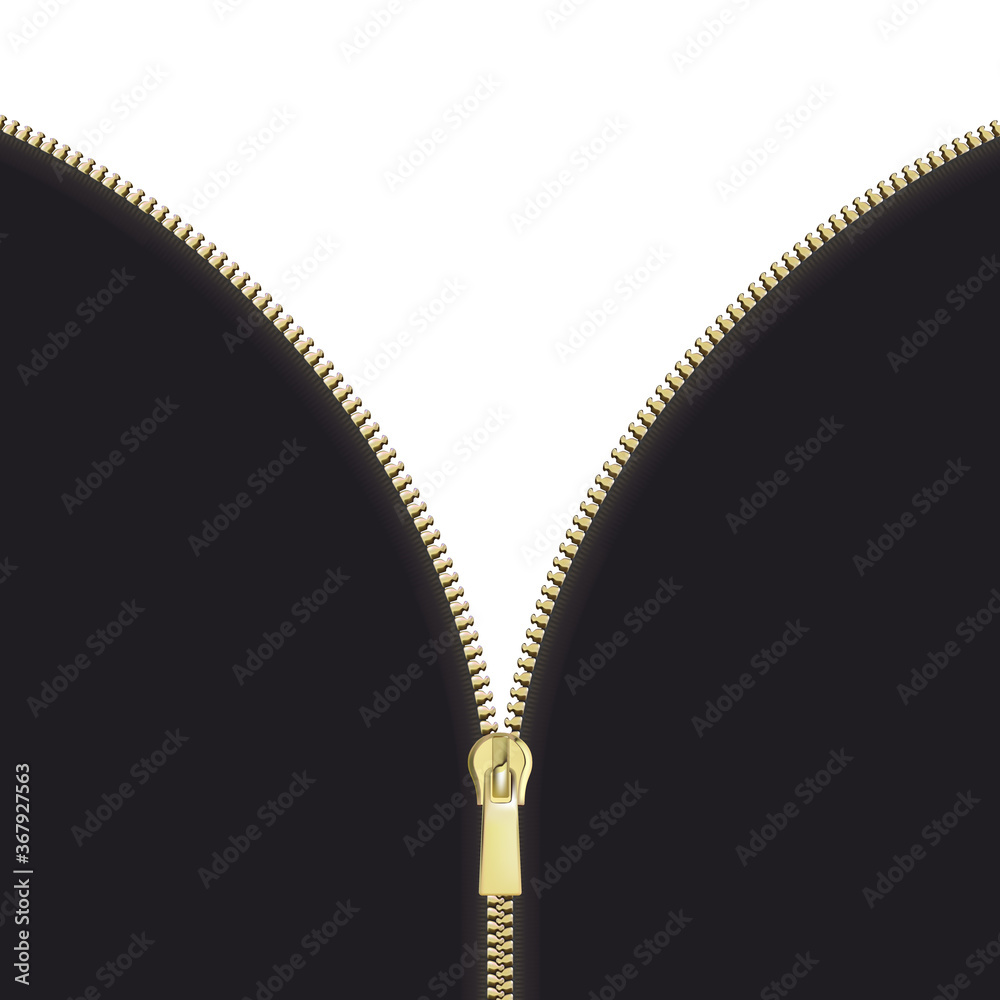 Open close zip. Realistic zipper fastener reveal vector. Metallic gold ...