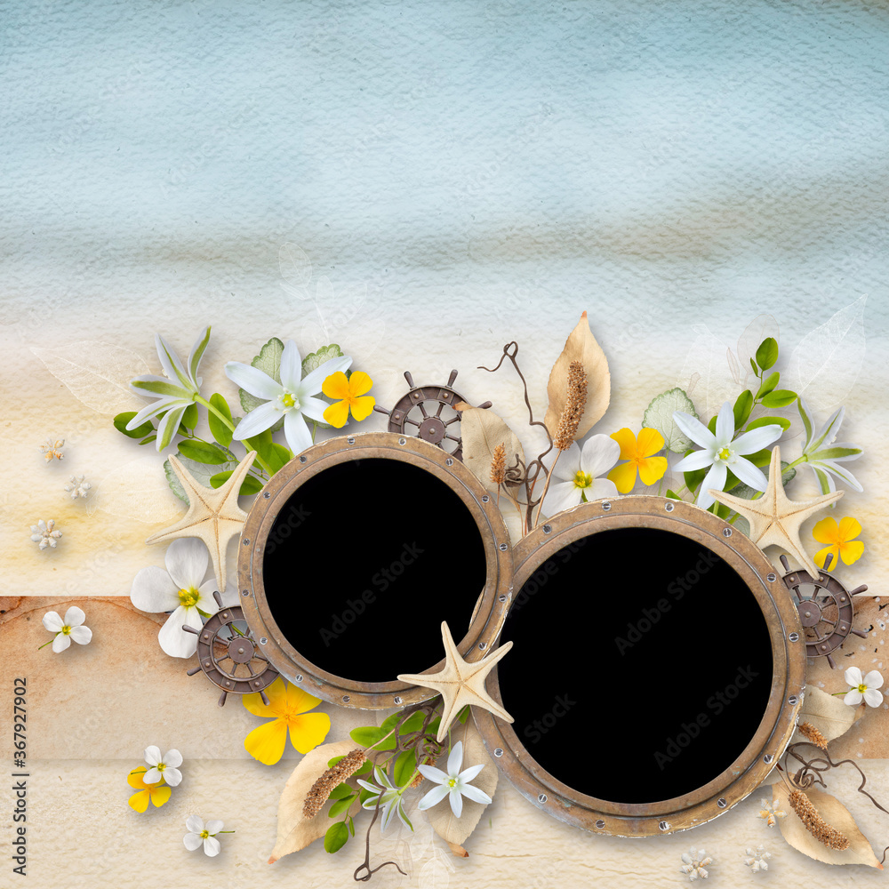 marine scrapbook frame on blue watercolor painted sea background. Sea ...