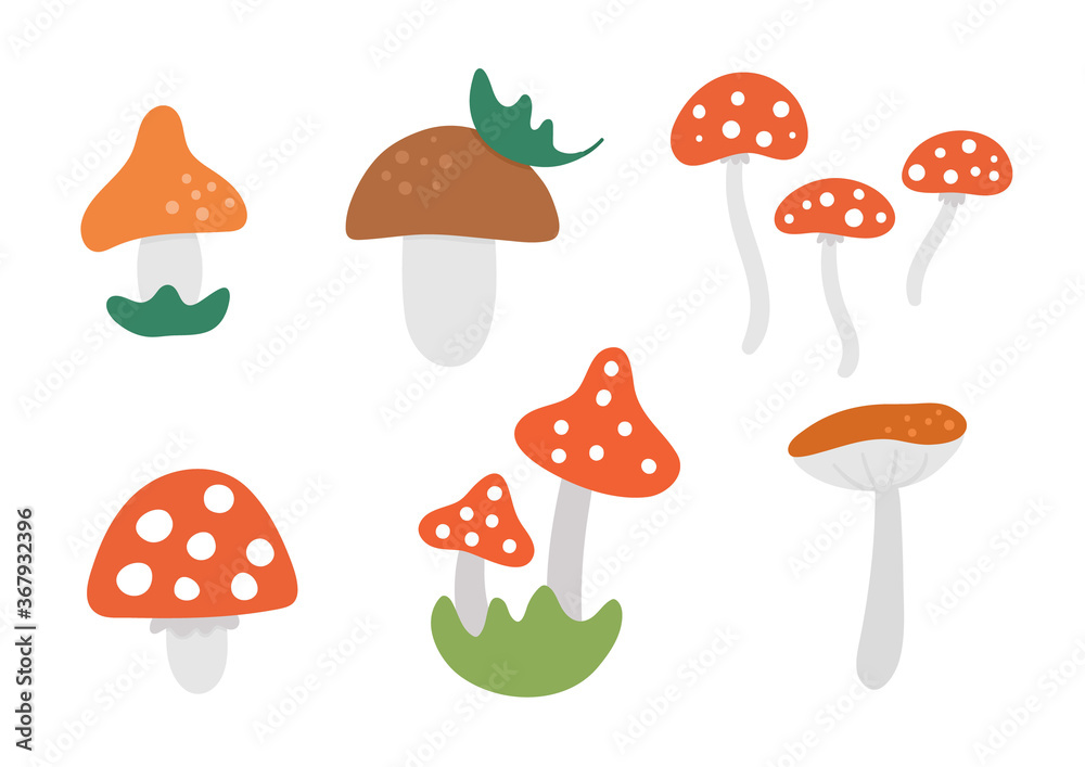 Vector set of cute mushrooms. Autumn plants collection. Flat style death caps pack. Funny ...